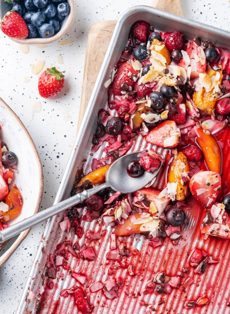 Easy Baked Warm Fruit Salad with Dark Chocolate - All We Eat